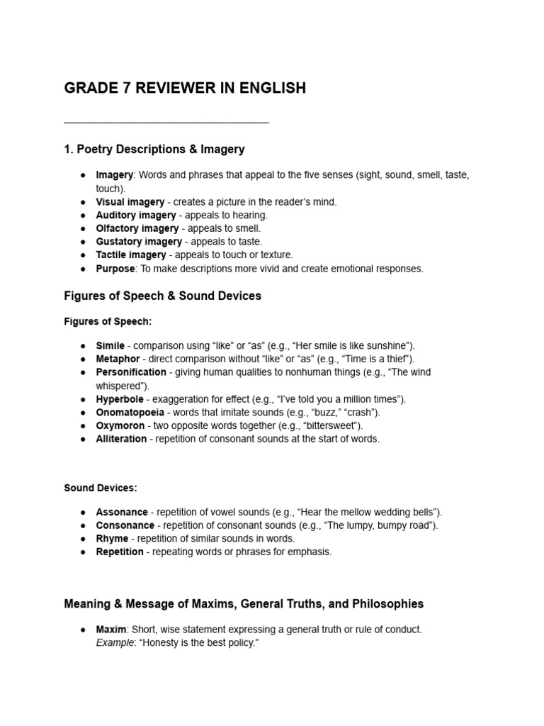 Grade 7 English Poetry Review Guide | PDF | Poetry | Poetics
