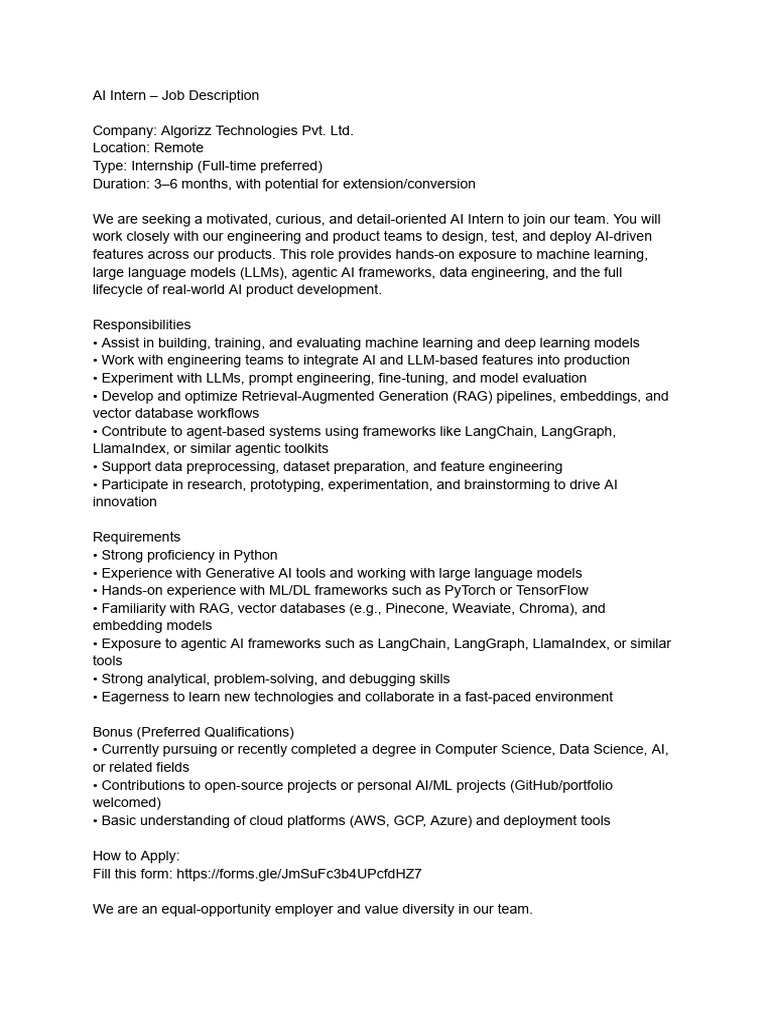 AI Intern Job Opportunity at Algorizz Technologies | PDF