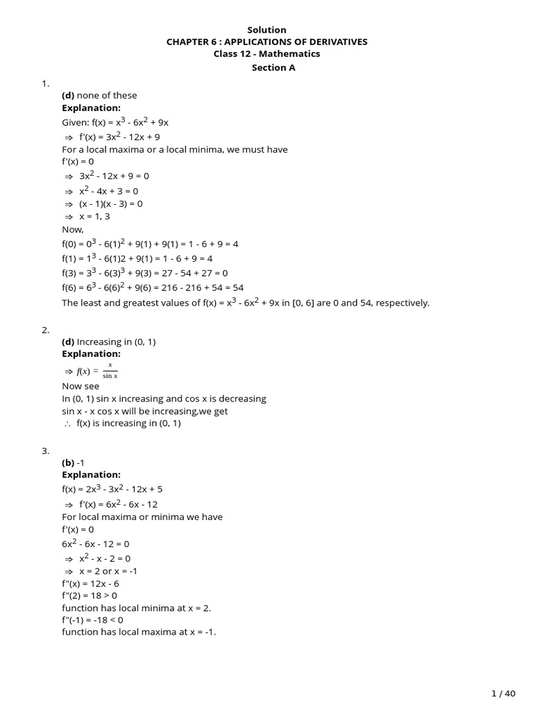 06 Applications of Derivatives Solutions | PDF | Length | Mathematical ...