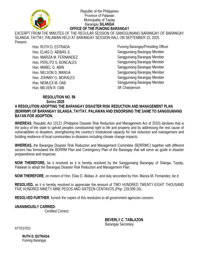 Resolution For BDRRMP 015756 | PDF | Disaster Risk Reduction