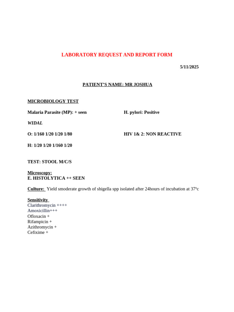 Laboratory Request and Report Form: Widal | PDF