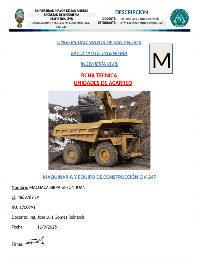 FT - UNIDADES DE ACARREO - MACHACA SIRPA Gerson Juan | PDF | Camión | Vehículos terrestres