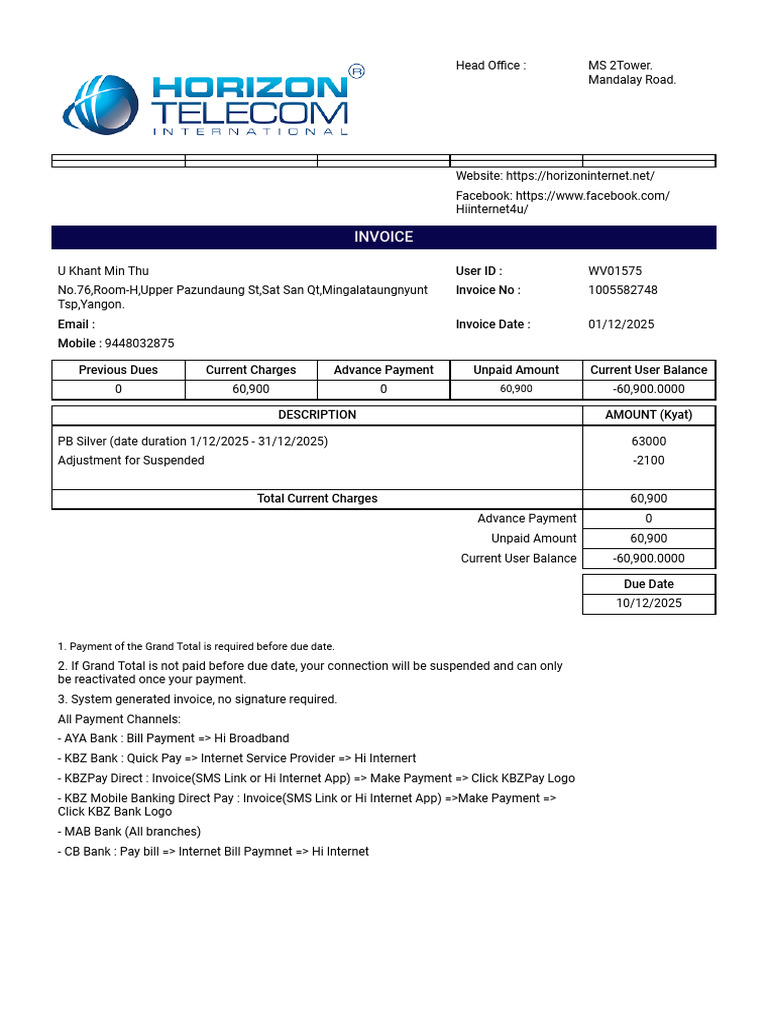 Hi Internet Invoice for U Khant Min Thu | PDF | Cyberspace | Internet