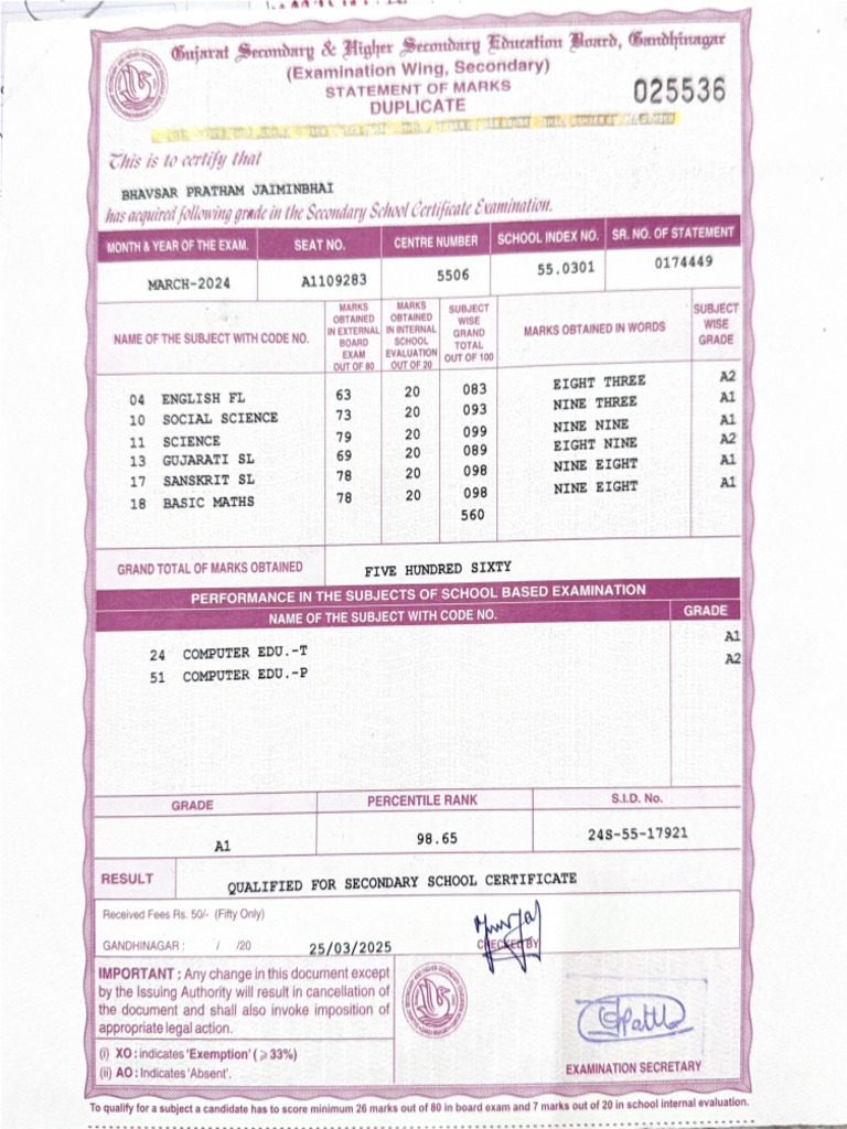 10th Marksheet | PDF