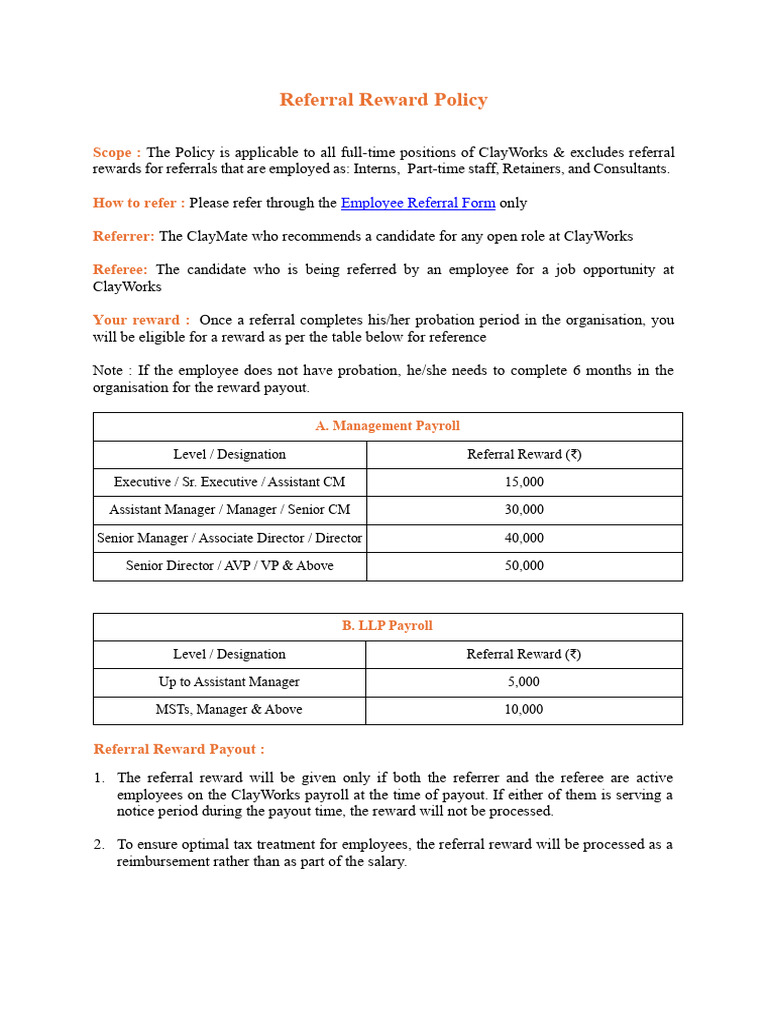 Referral Reward Policy - CW | PDF | Recruitment | Payroll