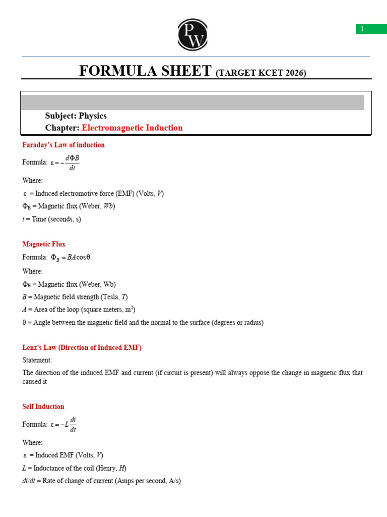 Formula Sheet - Electromagnetic Induction - Physics - TARGET KCET 2026 ...