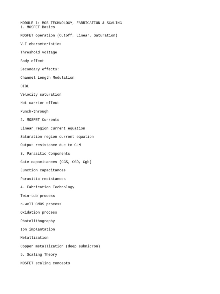 Module–1 Mos Technology, Fabricatio | PDF | Mosfet | Logic Gate