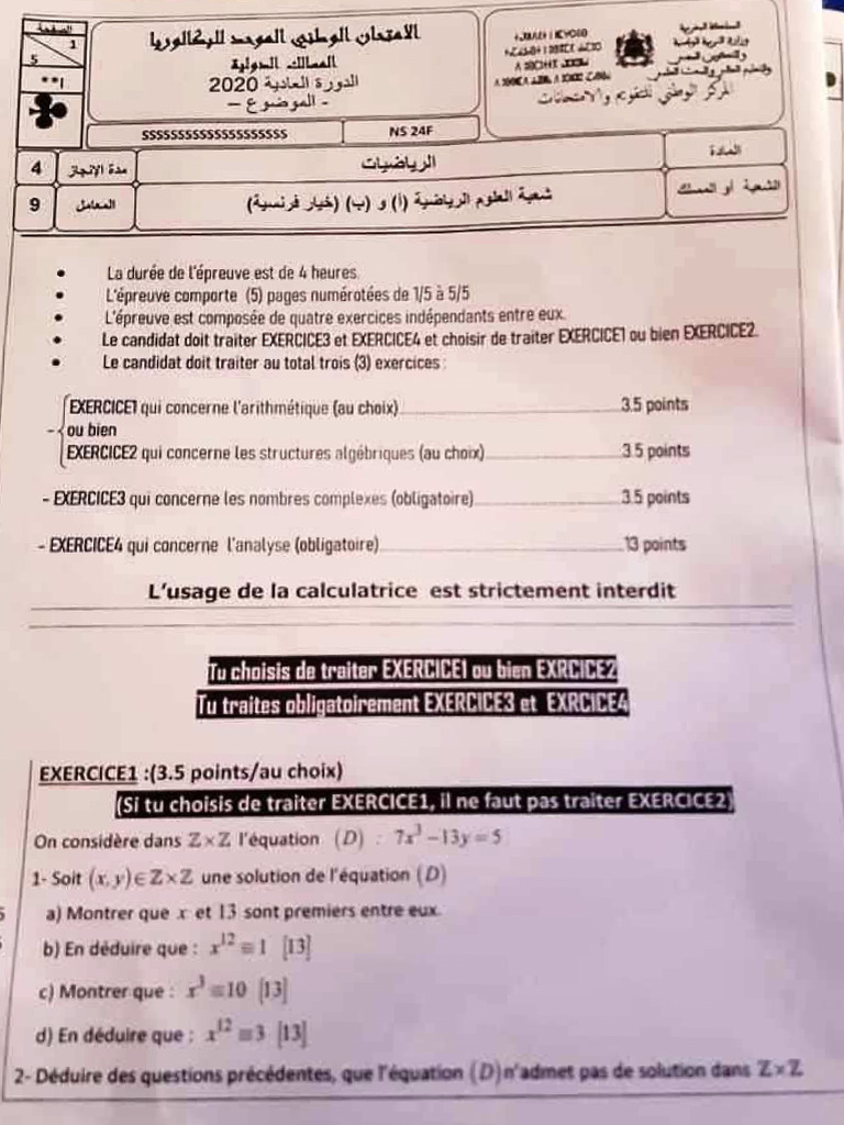 Examen National Mathematiques Sciences Maths 2020 Normale Sujet | PDF