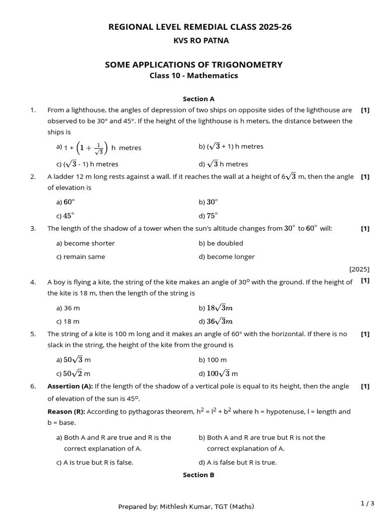 Trigonometry Applications for Class 10 | PDF | Angle | Elementary Geometry