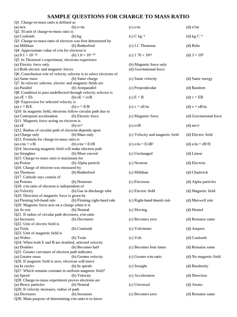 Charge-to-Mass Ratio Quiz Questions | PDF | Electron | Mass To Charge Ratio