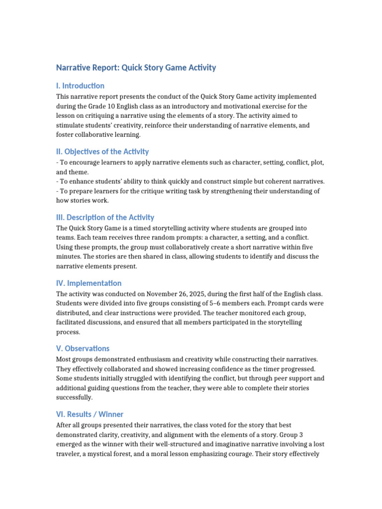Quick Story Game Activity Report | PDF | Narrative | Learning