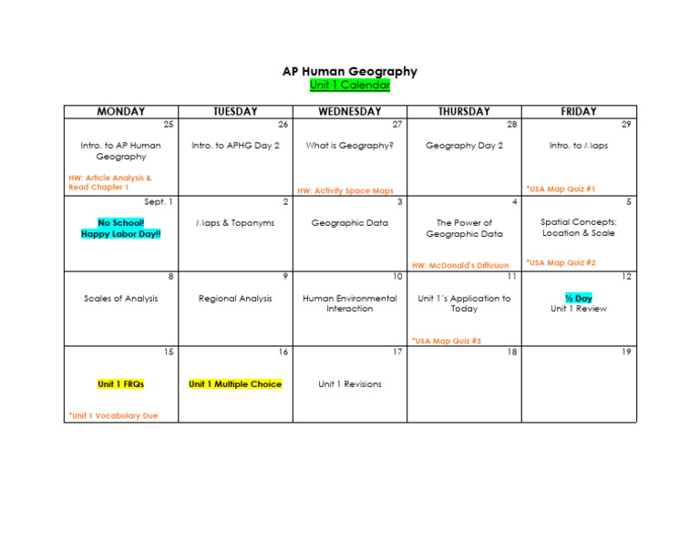 APHG Unit 1 Calendar 2526 | PDF