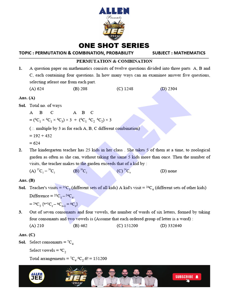Permutation & Combination, Probability One Shot Series Home Work | PDF ...