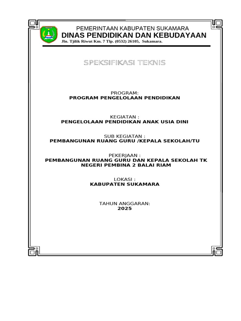 Pembangunan Ruang Guru TK Sukamara 2025 | PDF