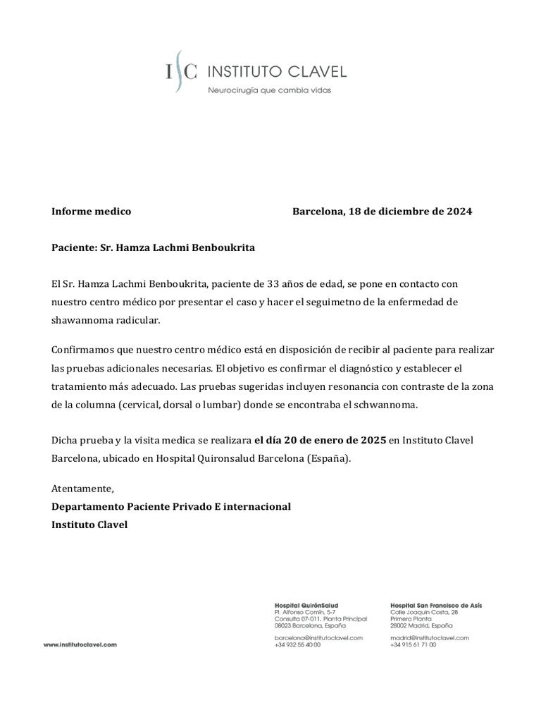 INFORME MEDICO - Sr. Hamza Lachmi Benboukrita | PDF
