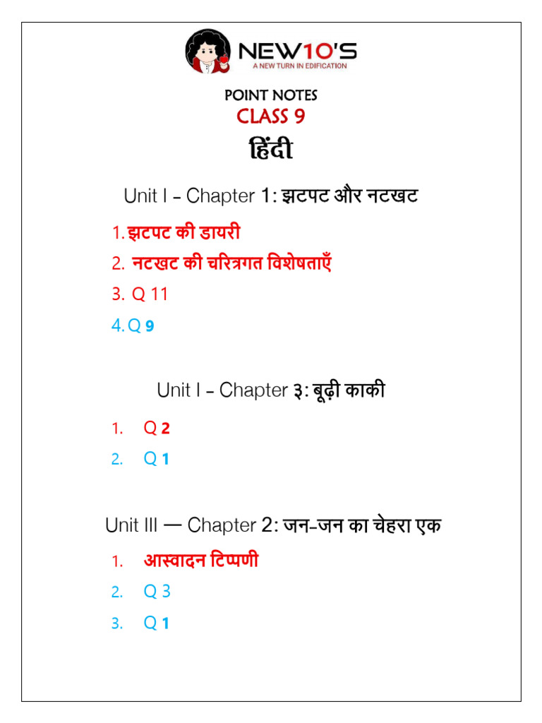 Point Notes Class 9 Hindi Day 1 Second Term | PDF