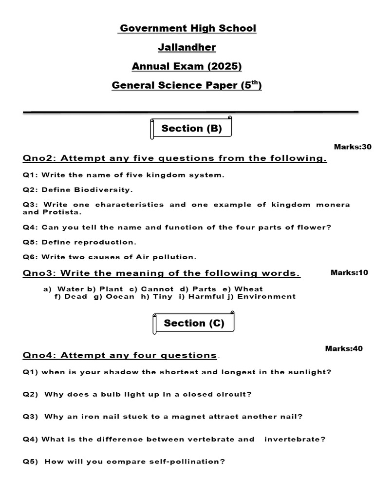 GHS Section B and C for Class 5th General Science | PDF