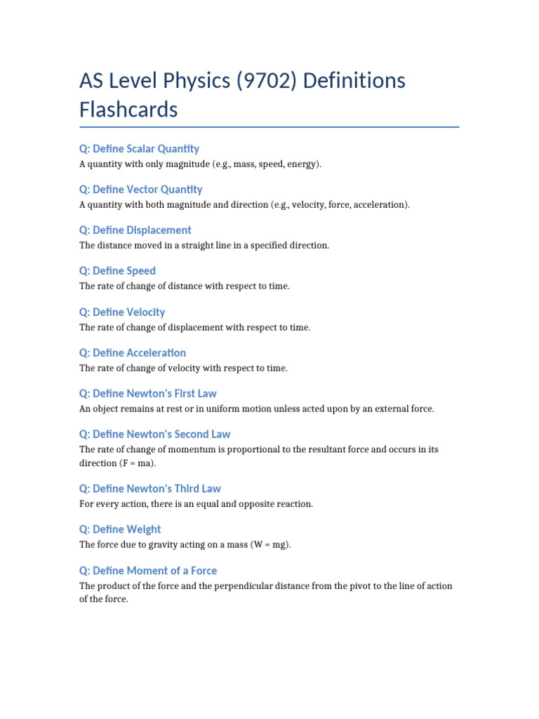 AS Level Physics Definitions Flashcards | PDF | Force | Newton's Laws ...
