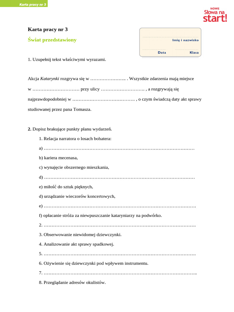 Katarynka Lektura Obowiazkowa Karta Pracy 3 | PDF