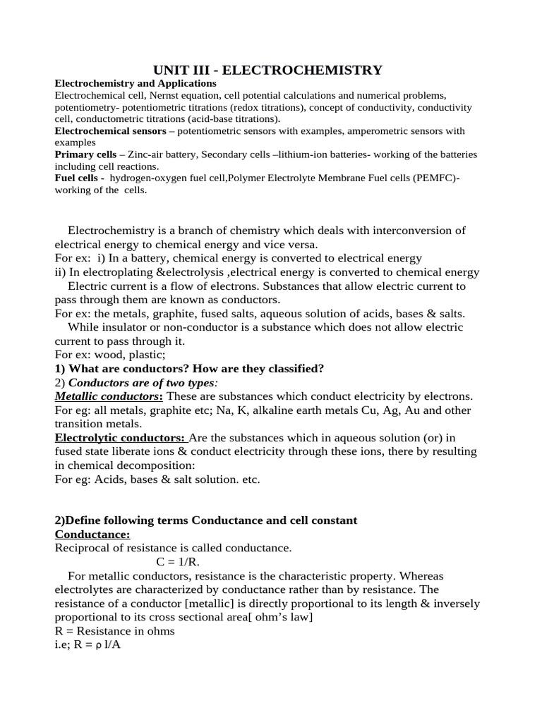 Unit-III Electrochemistry Notes | PDF | Fuel Cell | Electrochemistry