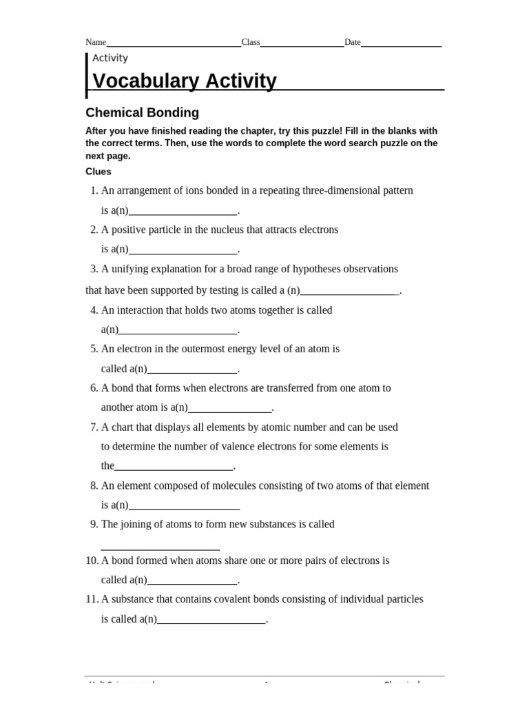 Chemical Bonding Vocabulary Activity | PDF | Chemical Bond | Atoms