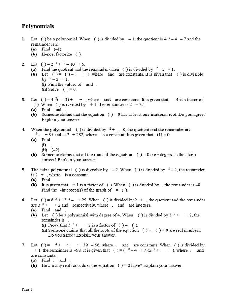 Polynomial (Revision Worksheet) | PDF | Polynomial | Factorization
