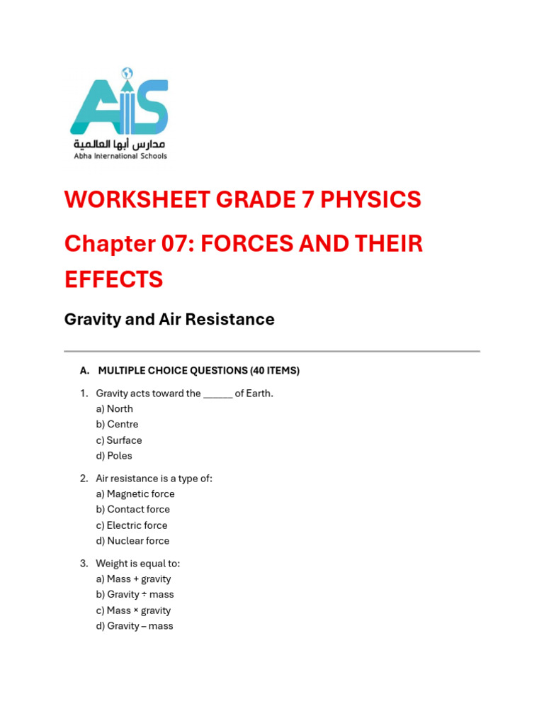 Grade 7 Physics: Forces & Effects Worksheet | PDF | Force | Weight