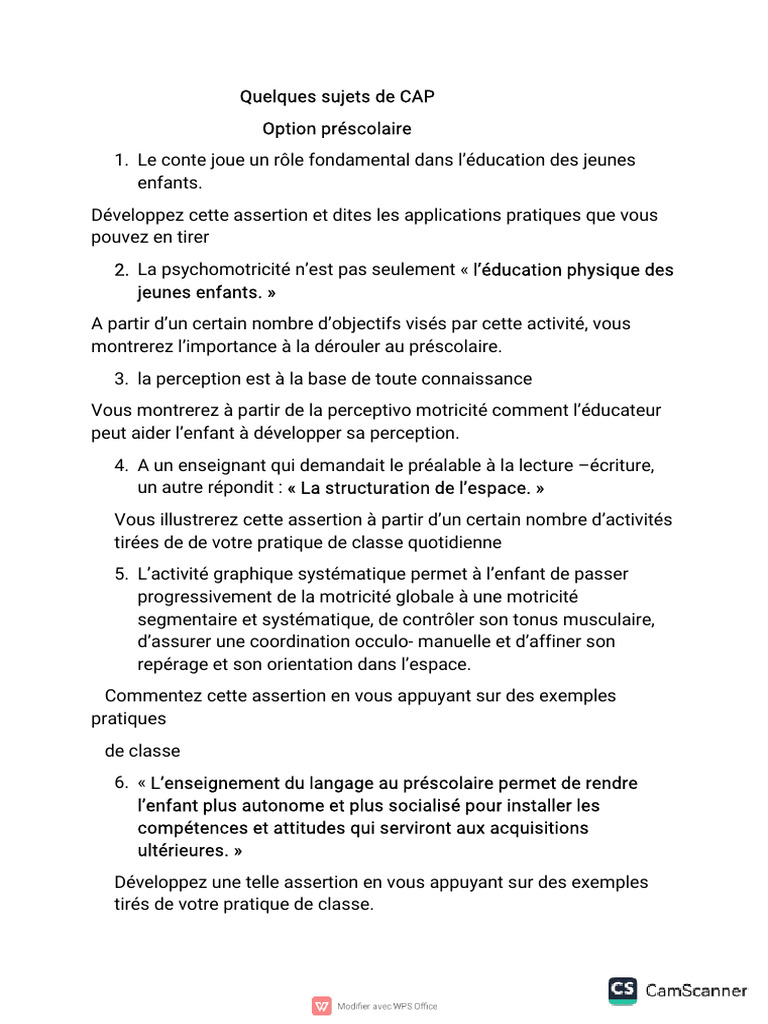 Sujets de CAP en Éducation Préscolaire et Élémentaire | PDF