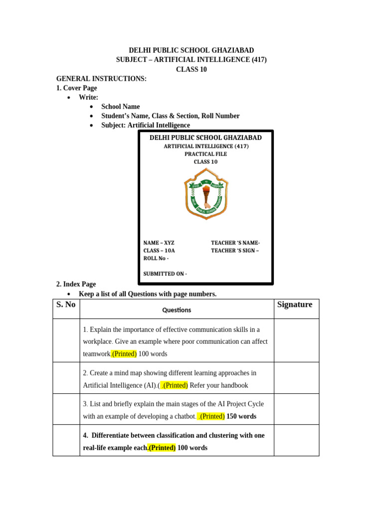 Class 10 AI Practical File Guide | PDF | Artificial Intelligence ...