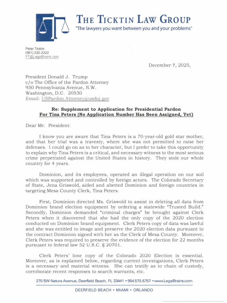Sup. Cover Letter For Application For Pardon For Tina Peters | PDF