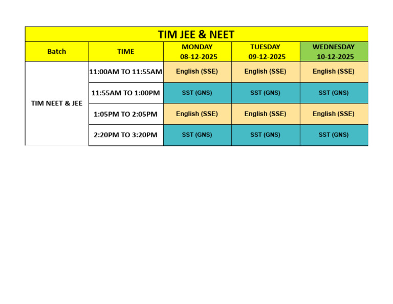 JEE & NEET Timetable: Dec 2025 | PDF