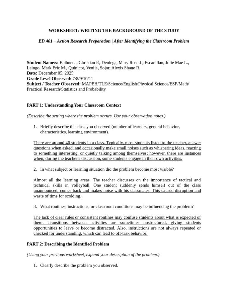 Worksheet 2 Writing Background of The Study - Maloh Group 1 | PDF ...