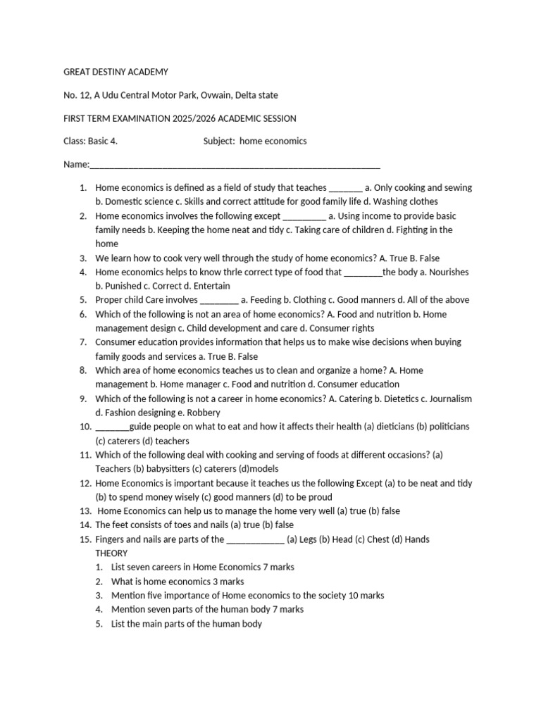 Basic 4 Home Economics & Civic Education Exam | PDF | Home Economics ...