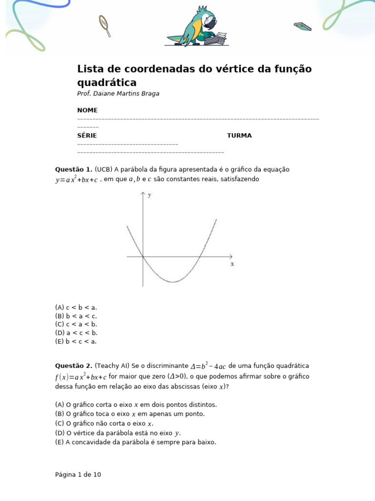 Coordenadas do Vértice em Funções Quadráticas | PDF | Função ...