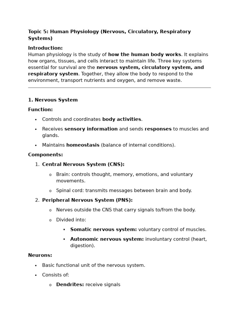 Topic 5 Human Physiology (Nervous, Circulatory, Respiratory Systems ...