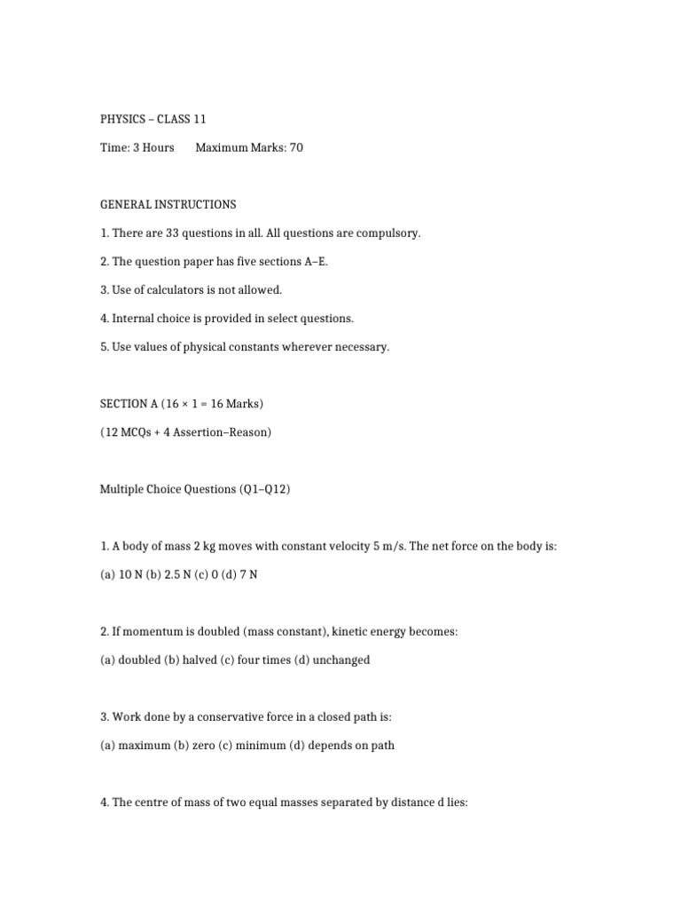 Class 11 Physics Exam Paper Guide | PDF | Force | Velocity