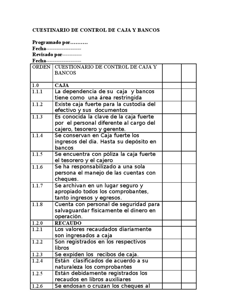 LAB - Cuestionario de Control Interno | PDF | Cheque | Bancos