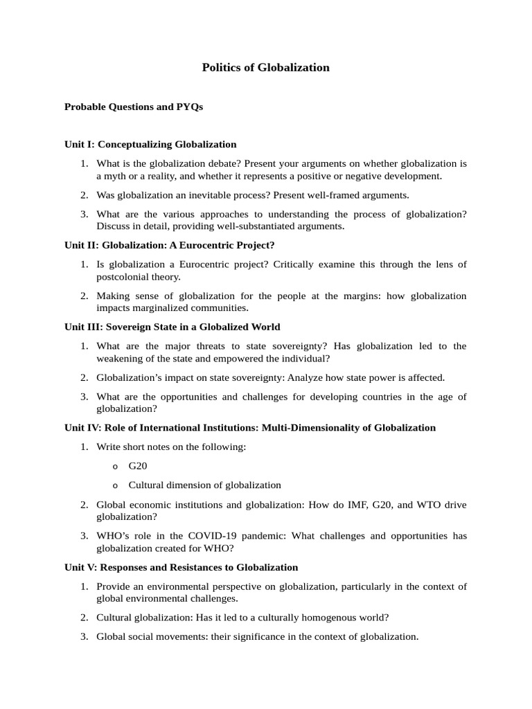 Politics of Globalisation Value Addition Study Materials | PDF ...