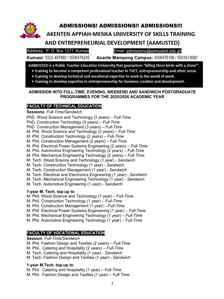 AAMUSTED 2025/2026 Postgraduate Admissions | PDF | Academic Degree ...