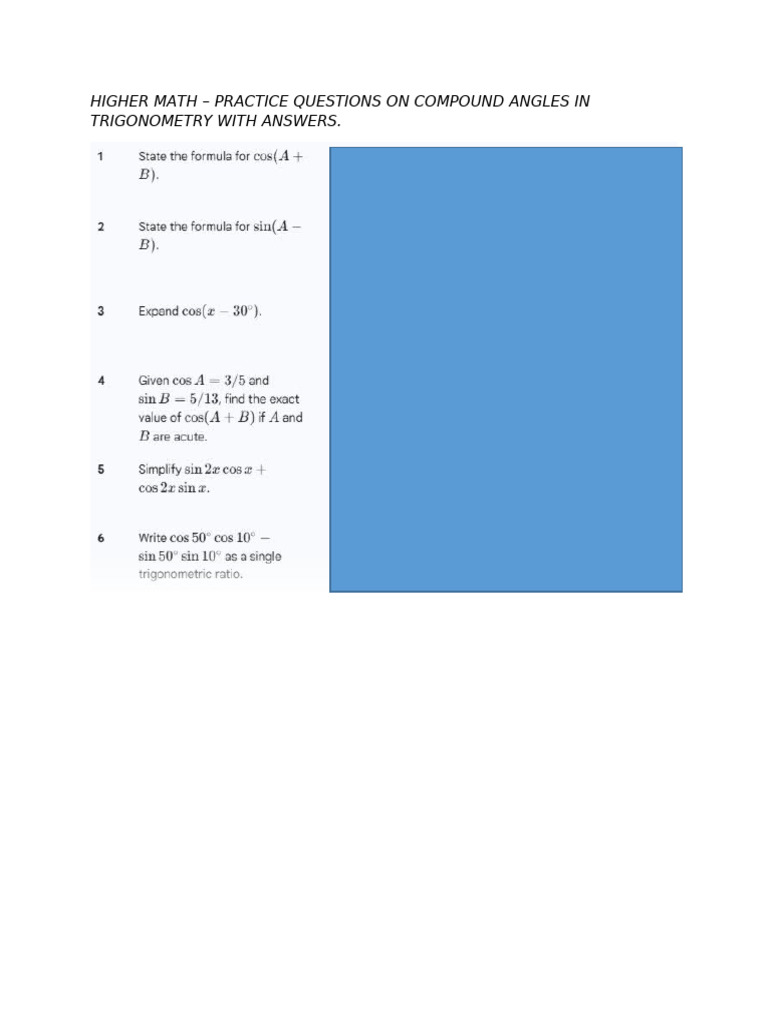 Practice Problems On Compound Angles in Trigonometry - With Solutions1 ...