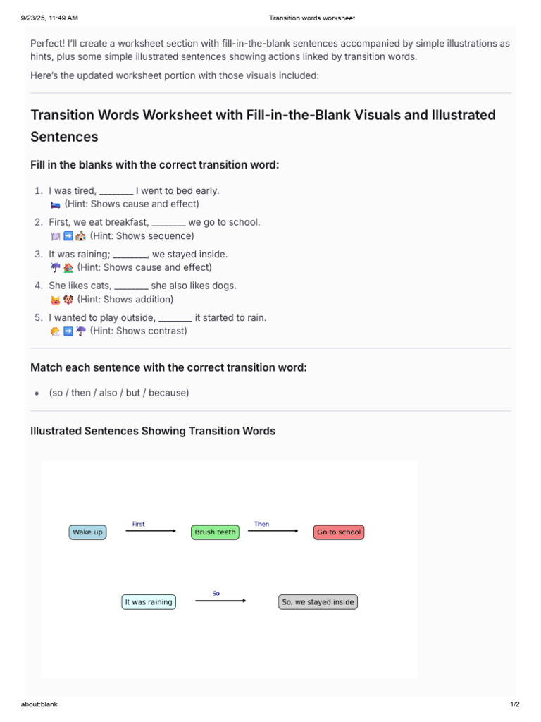Transition Words Worksheet | PDF