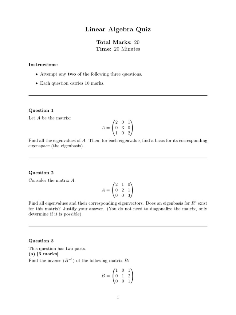 Linear Algebra Eigenvalues Quiz | PDF