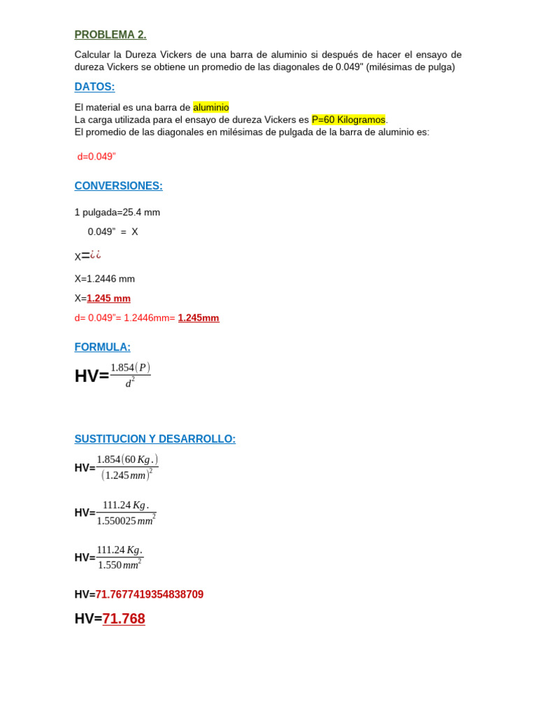 Cálculo de Dureza Vickers en Aluminio | PDF
