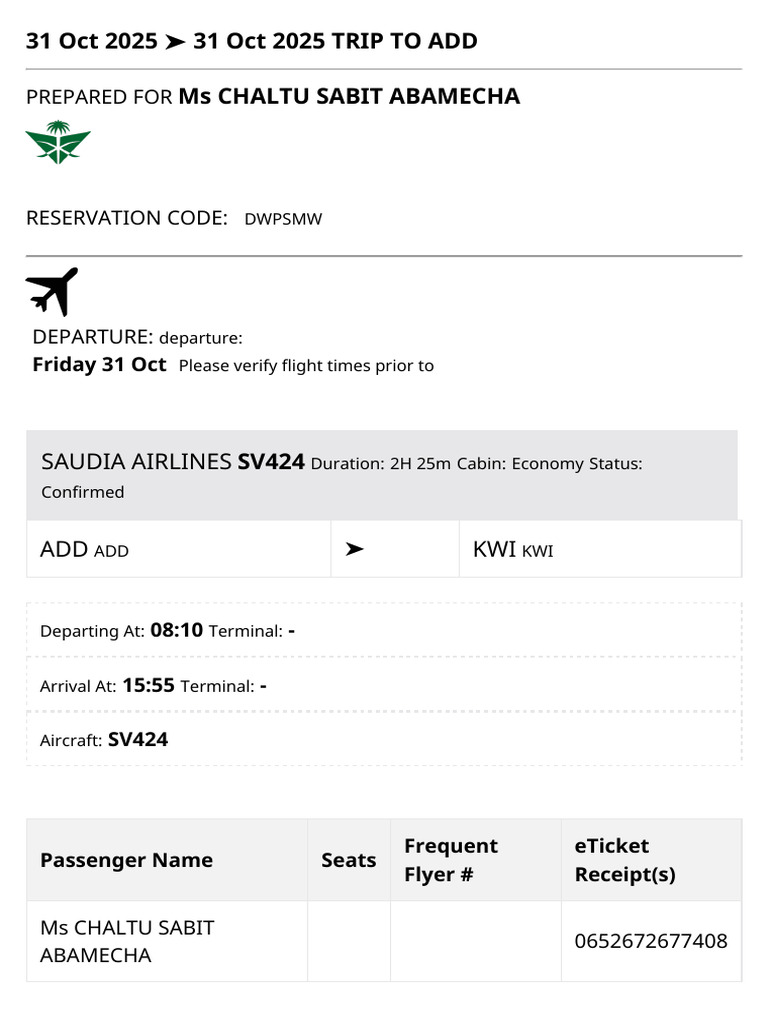 Flight Confirmation for Ms. Abamecha | PDF