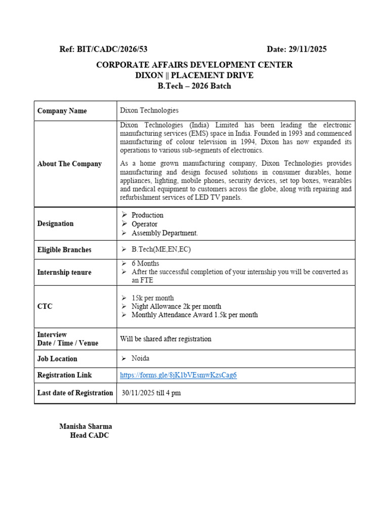Dixon Technologies Placement Drive 2026 | PDF