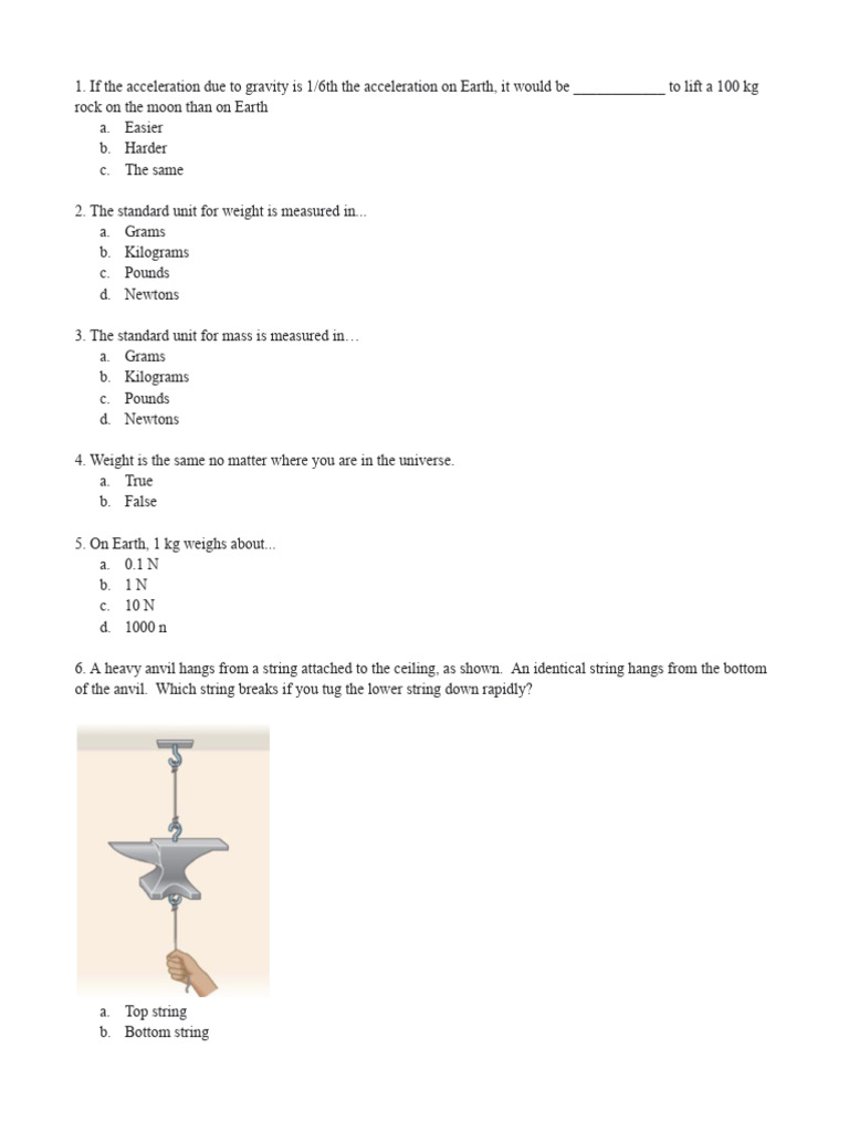 Physics Questions on Gravity and Forces | PDF | Force | Weight