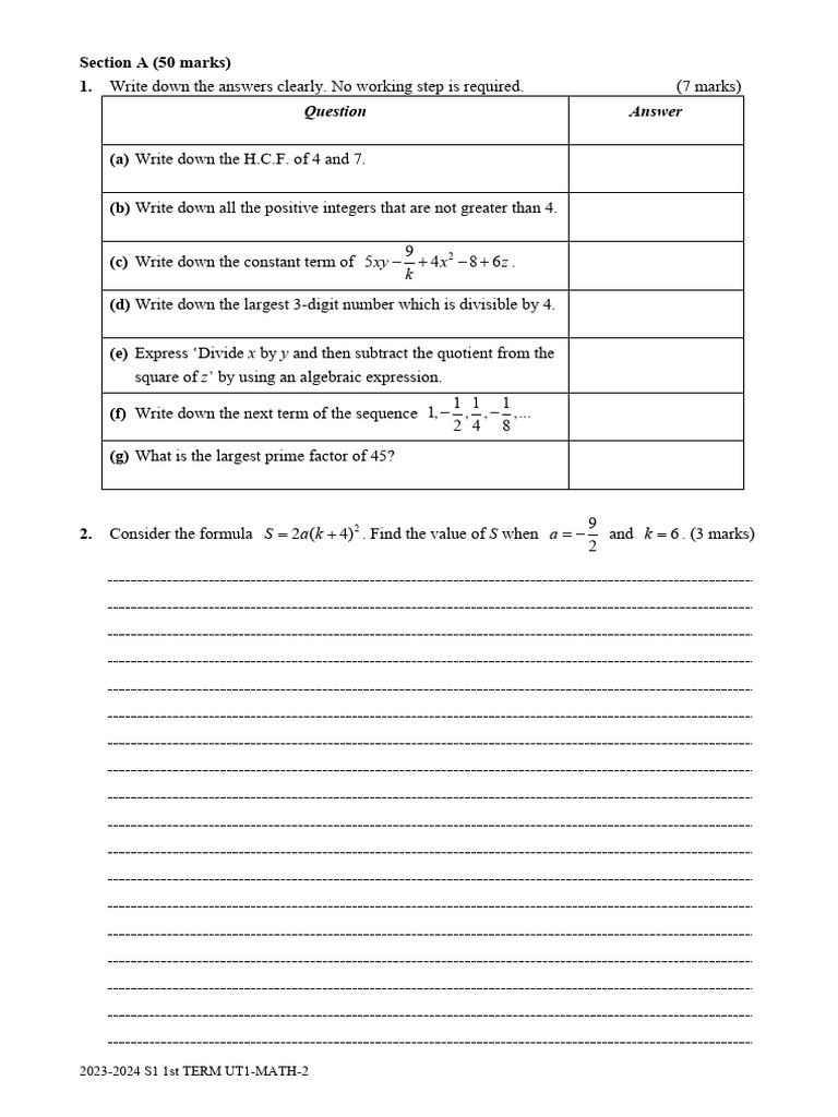 2023-2024-s1-1st-term-ut1-math | PDF | Numbers | Factorization