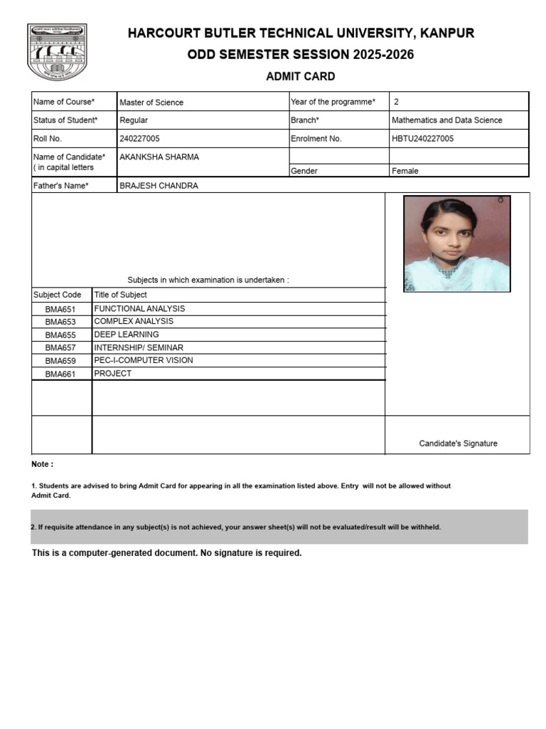 HBTU Admit Card for MSc Exams 2025-26 | PDF