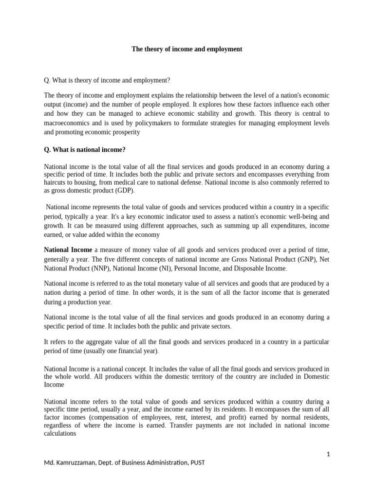 The Theory of Income and Employment | PDF | Measures Of National Income ...