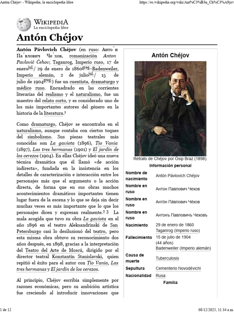 Antón Chéjov - Wikipedia, La Enciclopedia Libre | PDF | Anton Chekhov